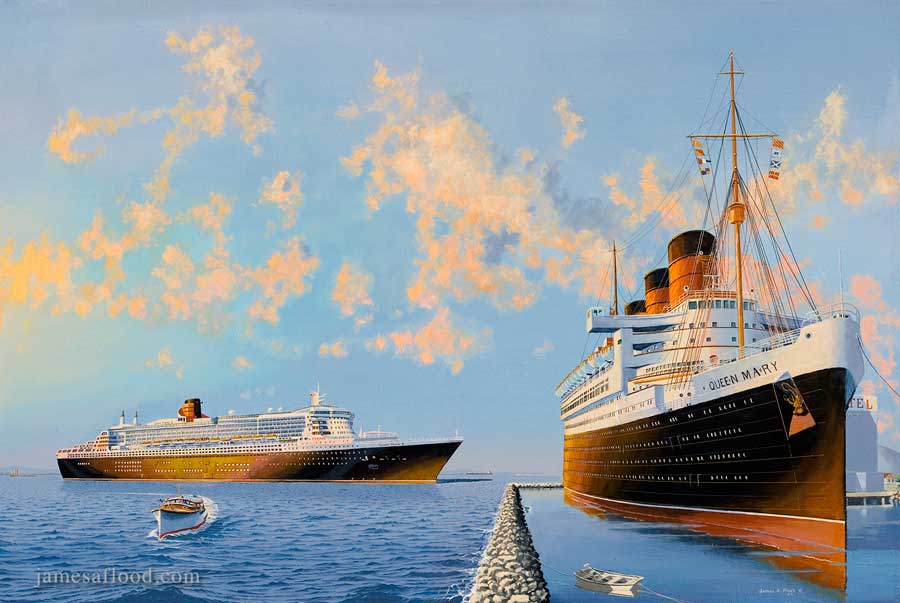 Queen Mary and QM2 Meeting in Long Beach - James A Flood Artist
